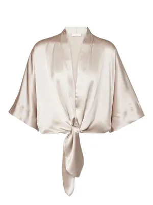THE SEI Gathered Silk Satin Blouse - Beige