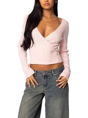 EDIKTED Paden Ribbed Knit Wrap Top - Light Pink