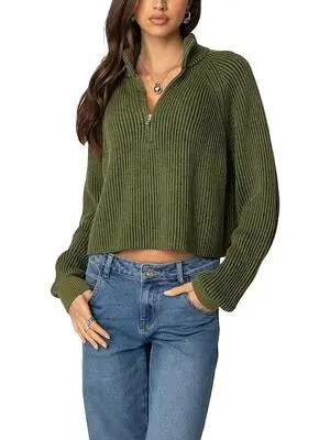 EDIKTED Cropped Rib Knit Half Zip Sweater - Olive