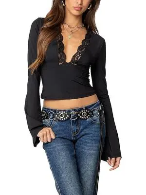 EDIKTED Lacey Plunge Neck Top - Black