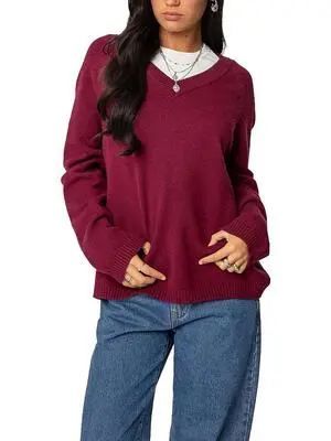 EDIKTED Oversized V-neck Sweater - Burgundy