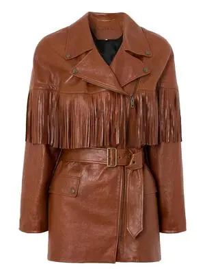 Chloé Belted Fringed Leather Jacket - Brown