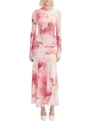 Bardot Lea Ruched Long Sleeve Mesh Maxi Dress - Pink Tie Dye