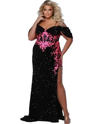SYDNEY'S CLOSET Fitted Sequin And Lace Mermaid Evening Gown Black/pink