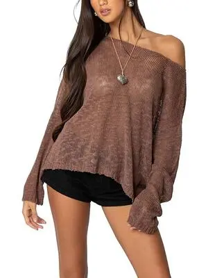 EDIKTED Bri Oversized Boat Neck Sweater - Brown