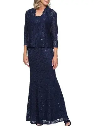 SL FASHIONS SL FASHIONS Sequin Lace A-Line Gown With Jacket Navy