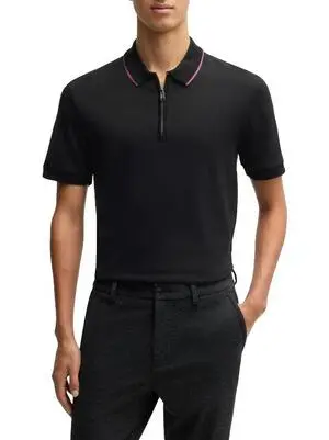 BOSS Paras Quarter Zip Cotton Polo - Black