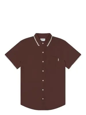 MAVRANS Blanket Stitch Short Sleeve Performance Button-up Shirt - Brown/white