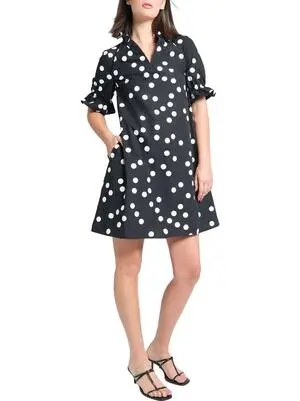 Ming Wang Ruffle Detail Poplin Shift Dress - Black/ White