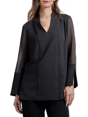 Misook Sheer Sleeve Crêpe De Chine Top - Black
