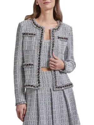 Misook Chain & Fringe Trimmed Tweed Jacket - White/black