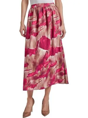 Misook Watercolor Print Midi Skirt - Pink Flash/multi
