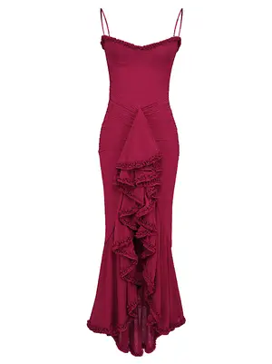 House Of Cb Gabbi Ruffle-front Mesh Maxi Dress - Beet Red