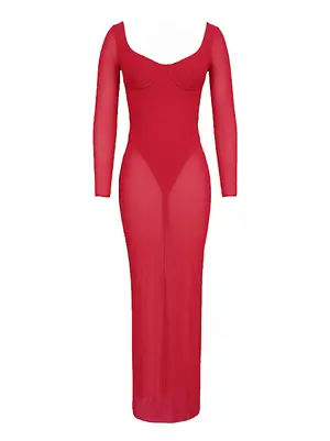 House Of Cb Everly Mesh Maxi Dress With Bodysuit - Holly Red
