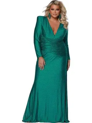 SYDNEY'S CLOSET Ruched Long Sleeve V-neck Evening Gown - Emerald