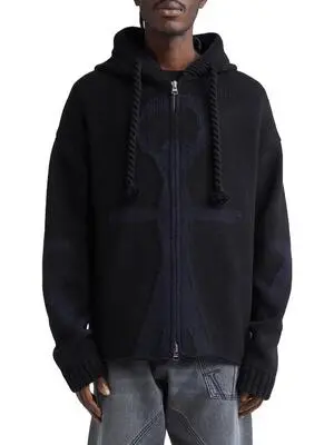 JW Anderson Anchor Intarsia Merino Wool Zip Sweater - Black/ Navy