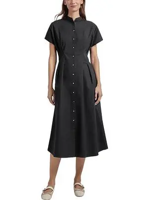 Misook Stand Collar Button Front Midi Dress - Black