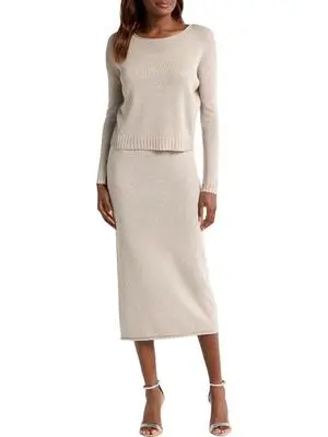 Halogen Metallic Long Sleeve Midi Sweater Dress - Moonshine