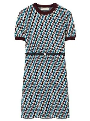 Tory Burch Jacquard Sweater Dress - Aqua Blue Linked Geo 3 Color