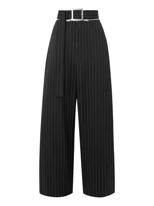 Jean Paul Gaultier Zip-detailed Belted Pinstriped Wide-leg Pants - Black