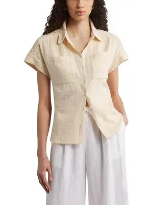 Caslon Caslon(r) Cotton Gauze Button-Up Shirt Beige Burnt