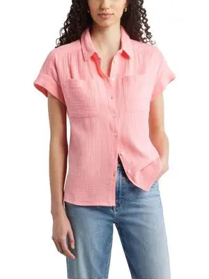 Caslon Caslon(r) Cotton Gauze Button-Up Shirt Pink Geranium