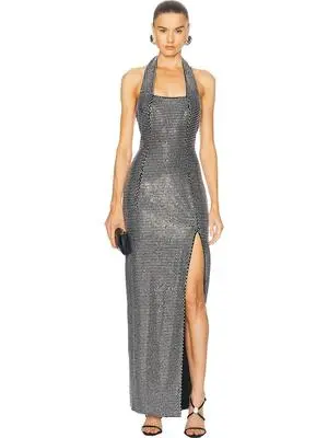 AREA Crystal Embellished Halter Slit Gown - Black