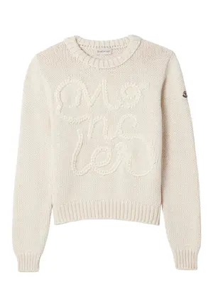 Moncler Embroidered Cotton Crewneck Sweater - Ivory