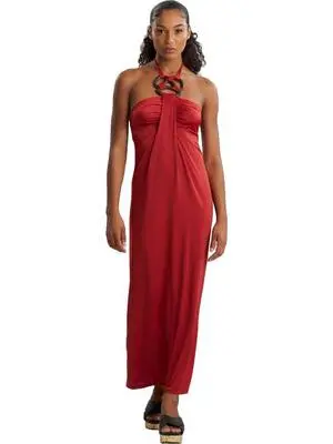 Natori Solid Jersey Halter Maxi Dress With Wood Rings - Red