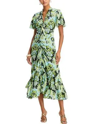 Cinq À Sept Damask Floral Tie Neck Midi Dress - Light Cyan