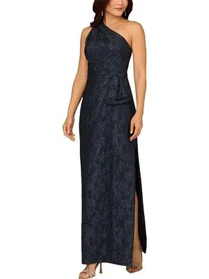 Aidan Mattox Stretch Jacquard One Shoulder Gown - Navy Multi