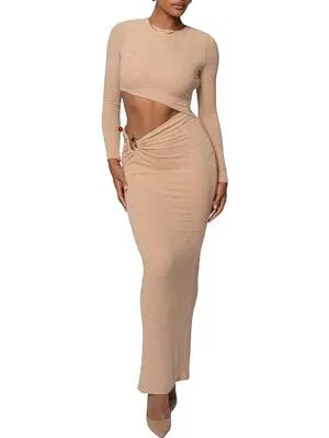 JLUXLABEL Cutout Long Sleeve Maxi Dress - Beige