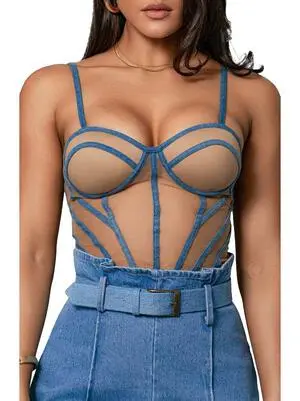 JLUXLABEL Denim Illusion Bustier Top Beige