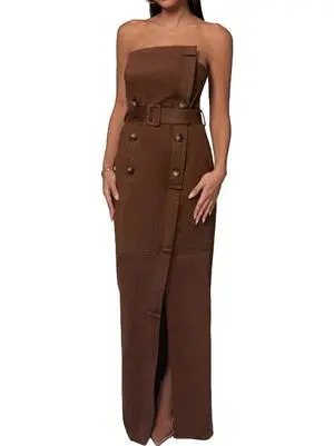 JLUXLABEL Xena Belted Faux Suede Maxi Dress - Brown