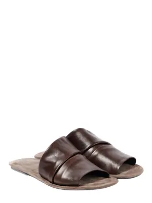Brunello Cucinelli Ruched Leather Slides - Brown