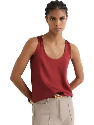 REISS Ruby Silk-front Cami Top - Rose Red