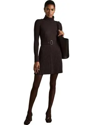 REISS Vinnie Roll-neck Ribbed Mini Dress - Brown