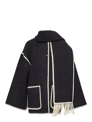 TOTÊME Embroidered-trim Scarf Wool-blend Jacket - Dark Grey Melange