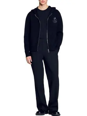 Sandro Zip-up Milano Knit Cardigan With Snake Patch - Black