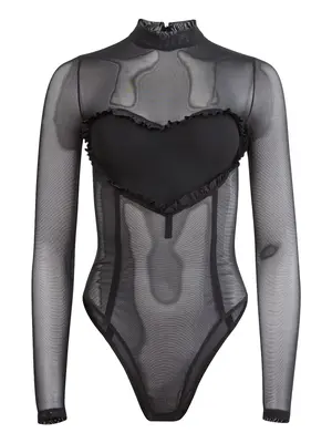FLEUR DU MAL Mesh Ruffle Heart Bodysuit - Black