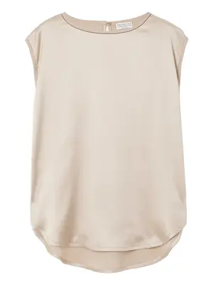Brunello Cucinelli Bead-embellished Silk-blend Satin Top - Neutrals