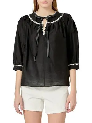English Factory Embroidered Tie Neck Top - Black/ White