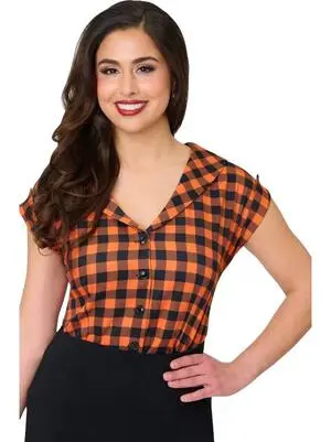 Unique Vintage UNIQUE VINTAGE 1960s Floral Twill Blouse Orange Gingham