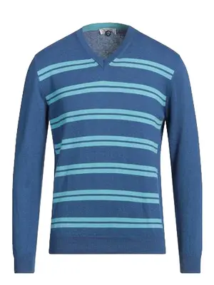 HERITAGE Striped V-neck Cotton Sweater - Blue