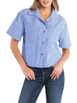BILLY T Spot On Stripe Linen Blend Crop Button-up Shirt - Nautical Stripes