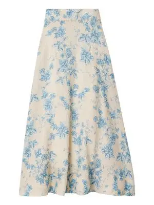 AGUA BENDITA Bergamota Bougainvillea Embellished Floral-print Linen Midi Skirt