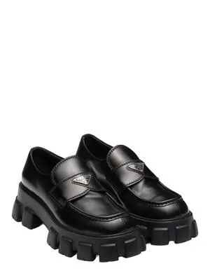 Prada Monolith Brushed Leather Loafers - Black