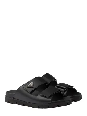 Prada Leather Strap Slides - Black