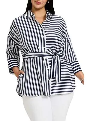 Foxcroft Avery Stripe Tie Waist Shirt - Navy/ White