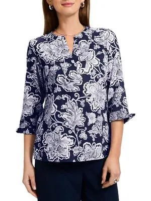 Foxcroft Vena Floral Split Neck Cotton Shirt - Navy/ White